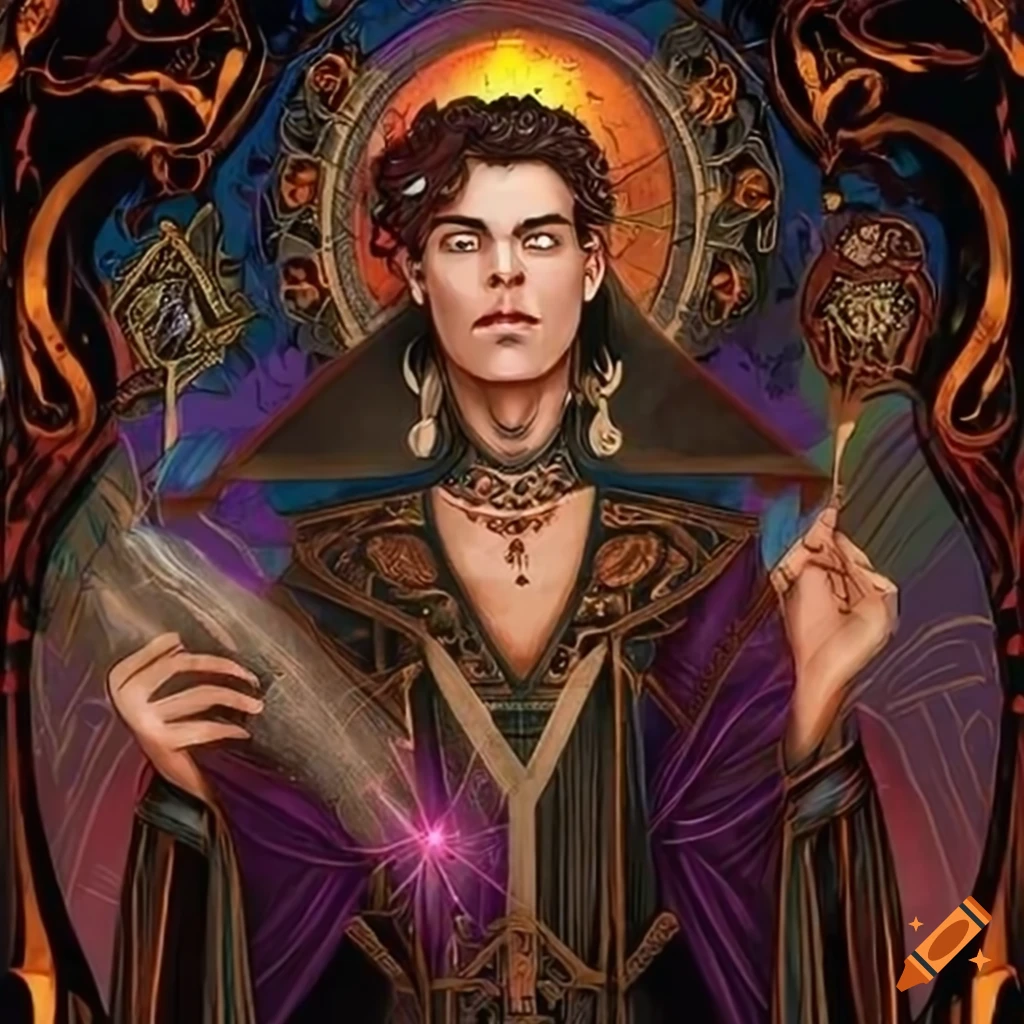 Captivating tarot card of a wizard with mysterious powers on Craiyon