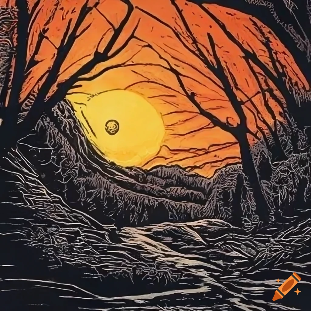 Detailed linocut illustration of surreal landscape at sunrise on Craiyon