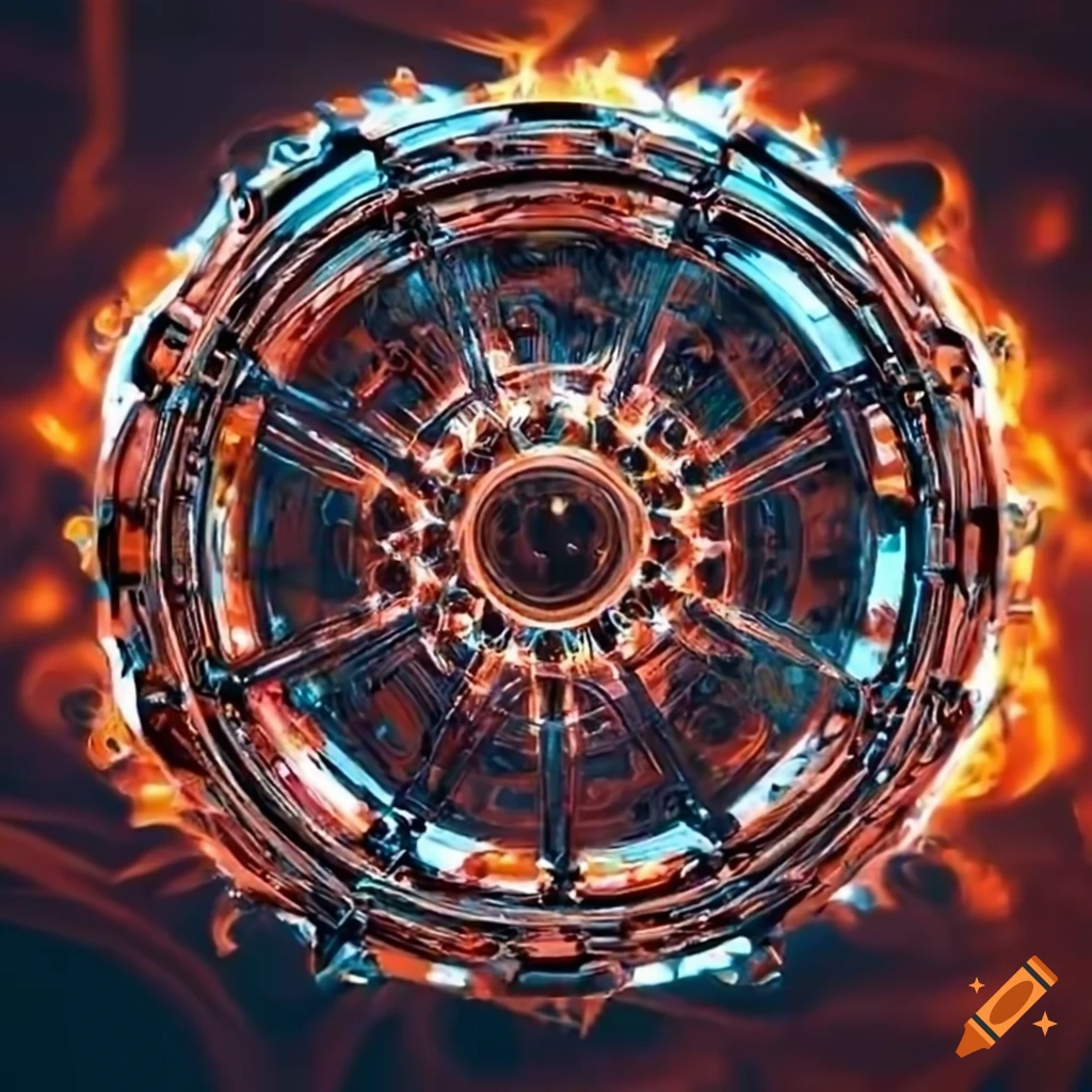 Detailed image of a cybernetic flaming wheel with eyes