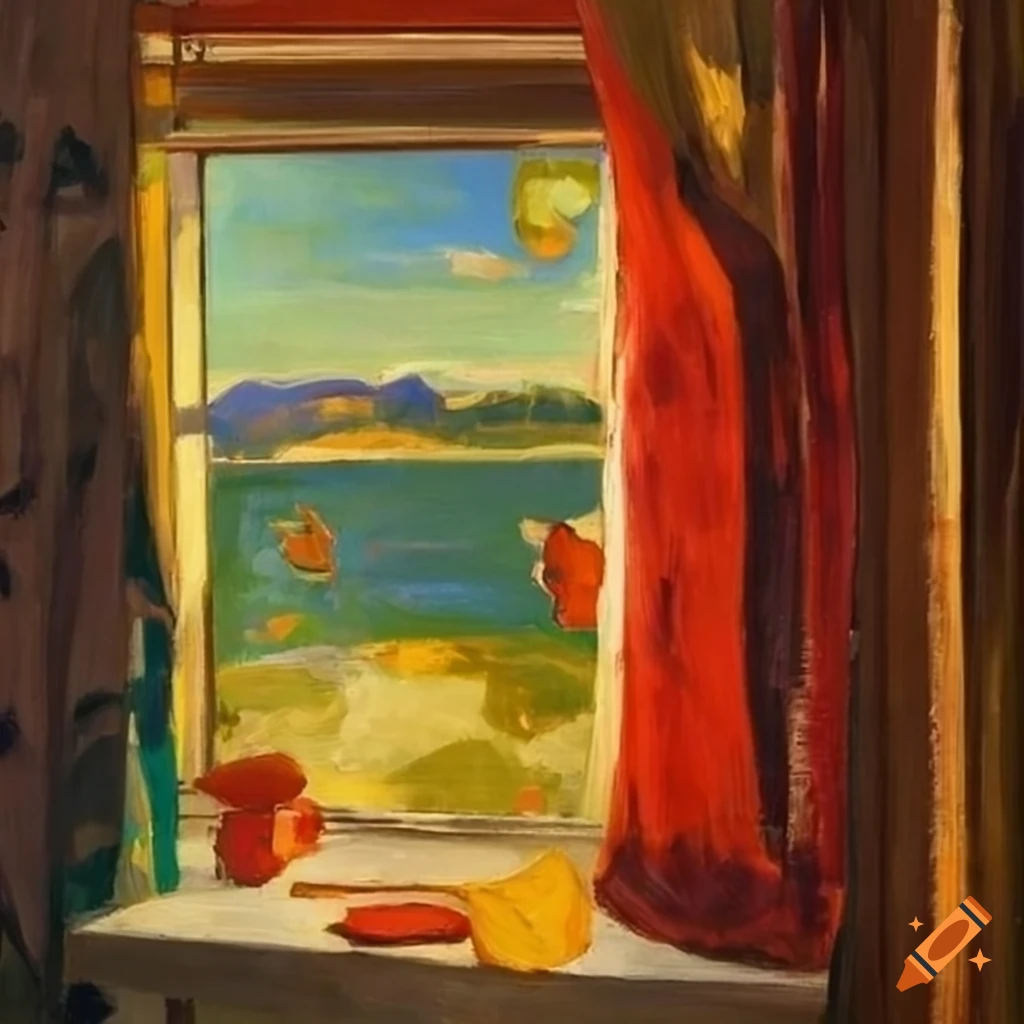Impressionist oil painting of a window with flapping curtains on Craiyon