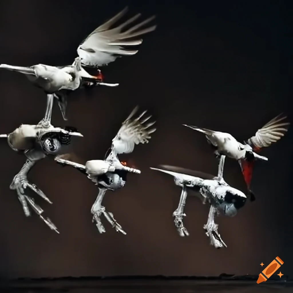 Marching robot birds in military formation on Craiyon