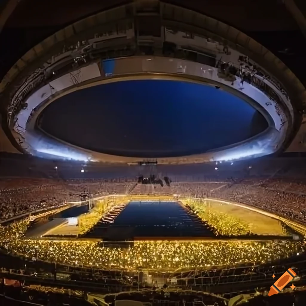High-tech arena filled with lights and players in costumes