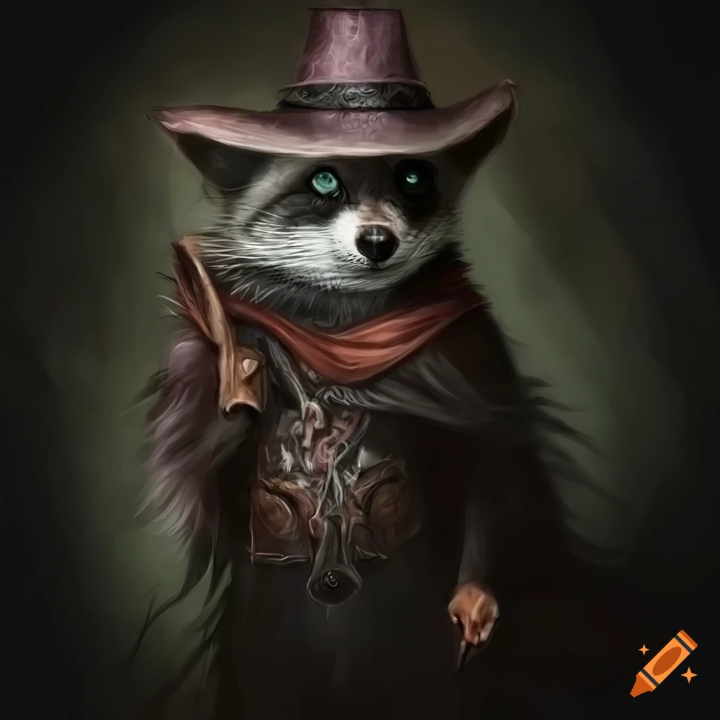 Dark fantasy art of a raccoon wearing a cowboy hat on Craiyon