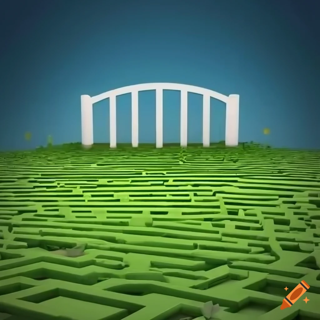 3d animation of a white gate leading to a maze