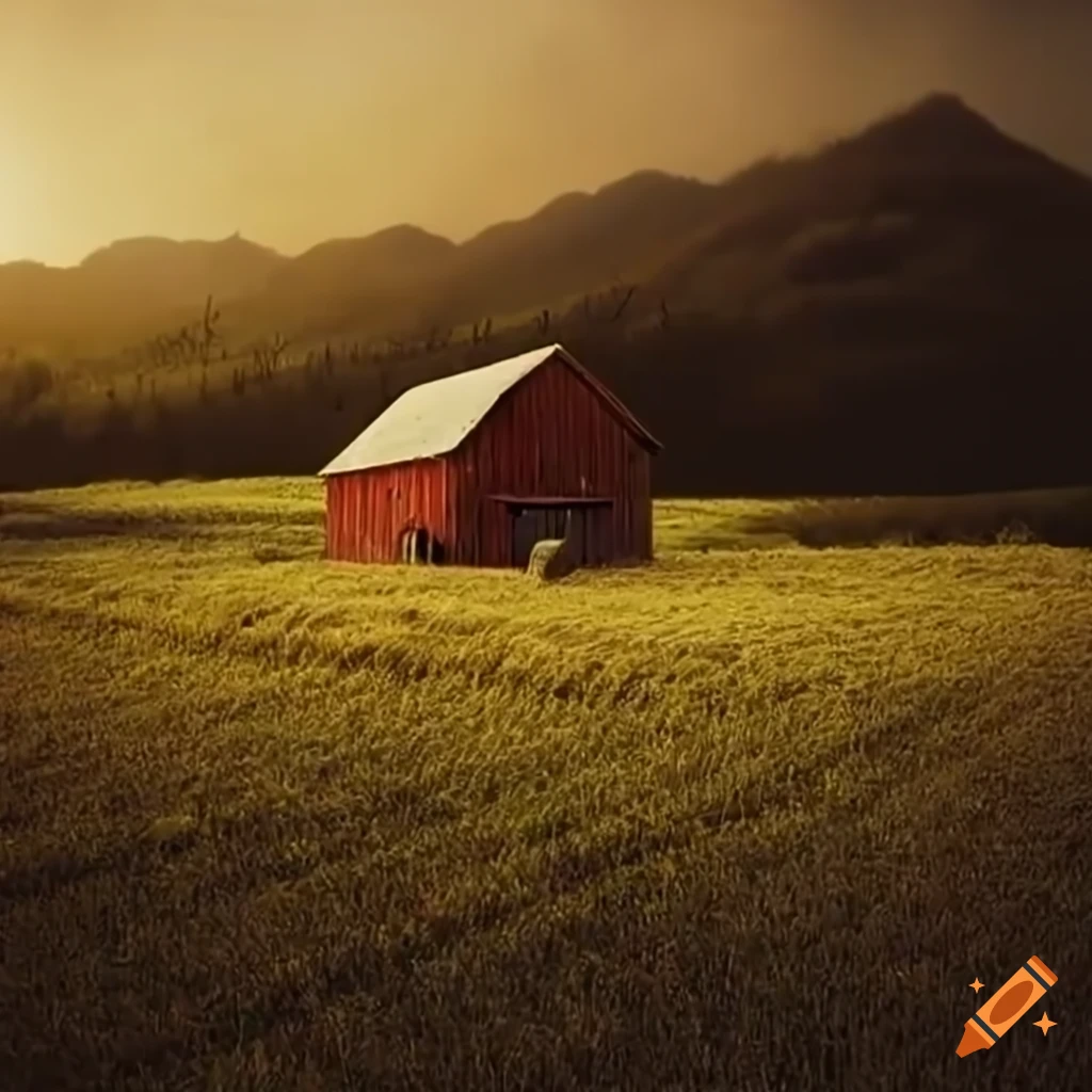 Scenic farm landscape with barn and hay bales on Craiyon
