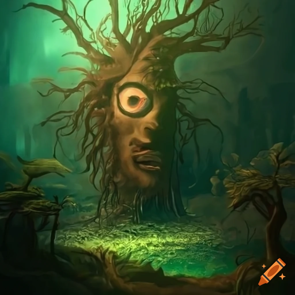 Surreal artwork of a magical forest with humans and mystical creatures ...