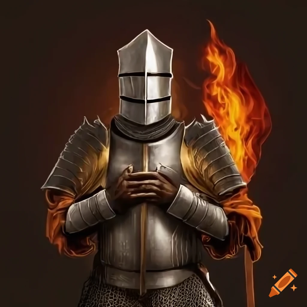 Man in knight armor with flaming sword on Craiyon