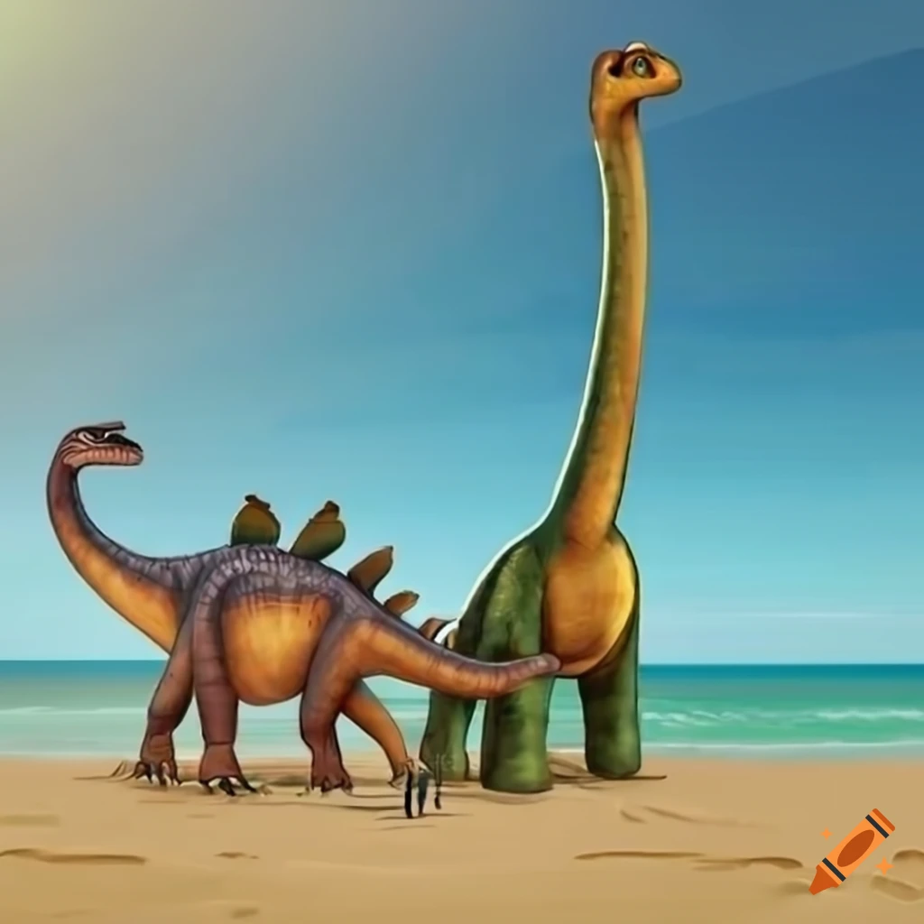 Friendly dinosaurs sitting on the beach on Craiyon