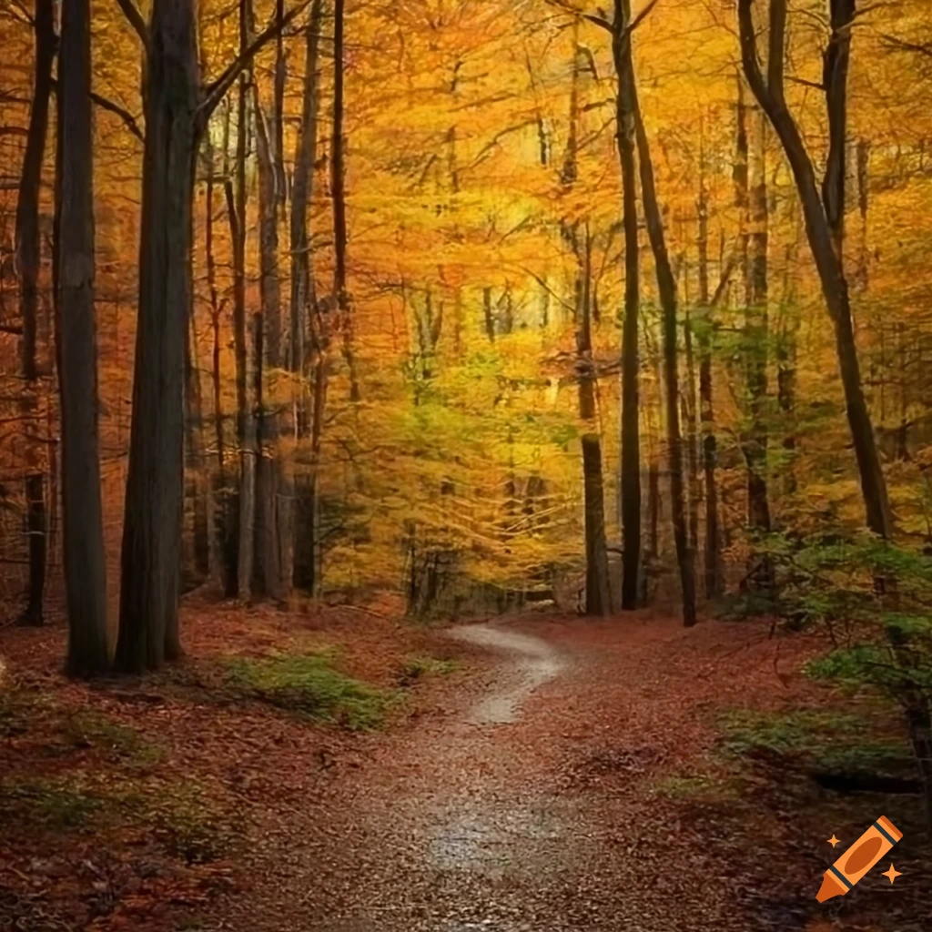 Sunlit path in autumn forest on Craiyon