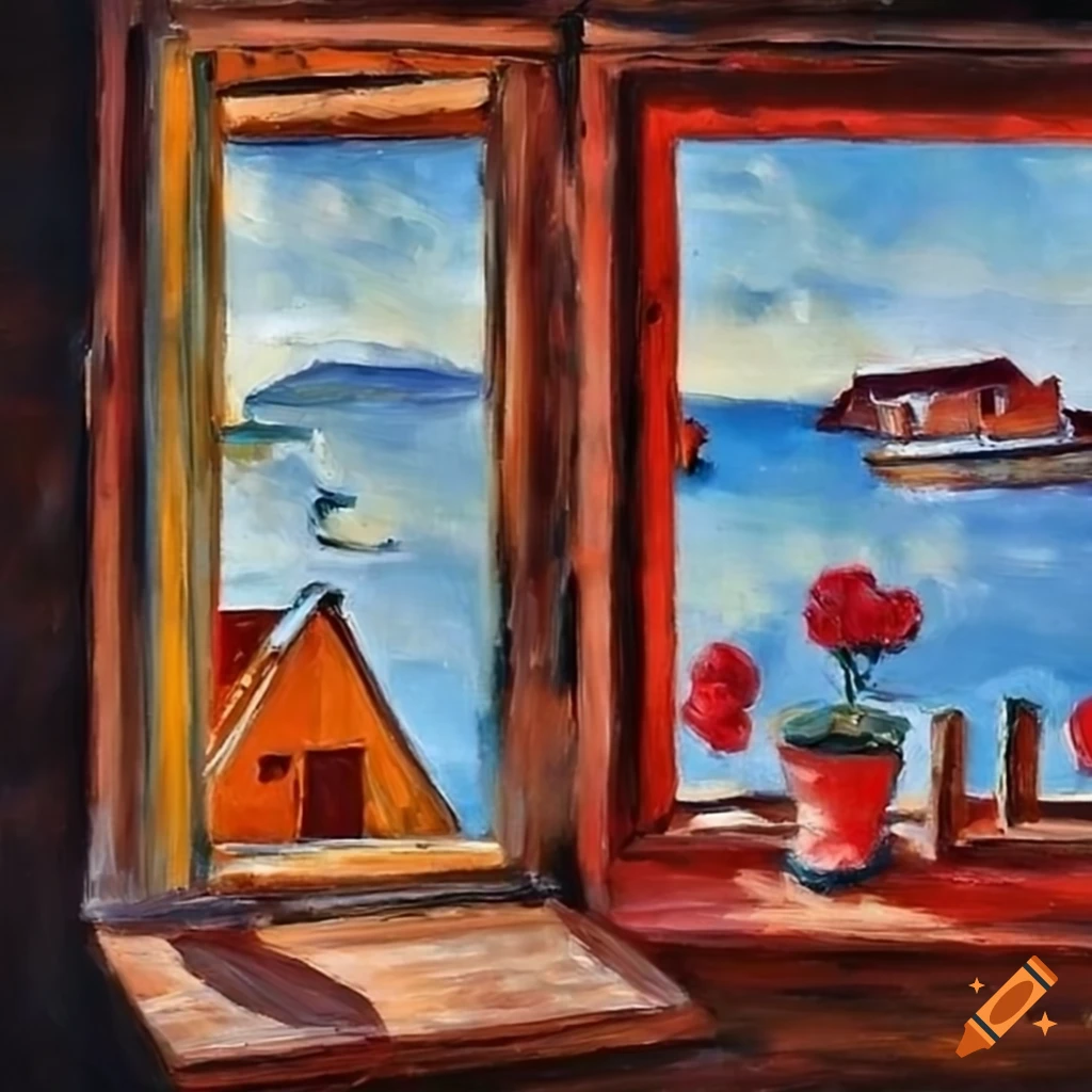 View through a window with flowers and a seaside town on Craiyon