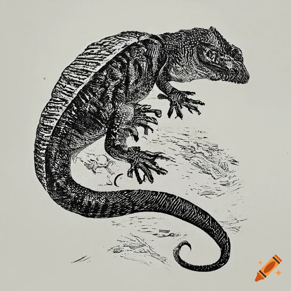 Monochrome linocut of a lizard monster on Craiyon