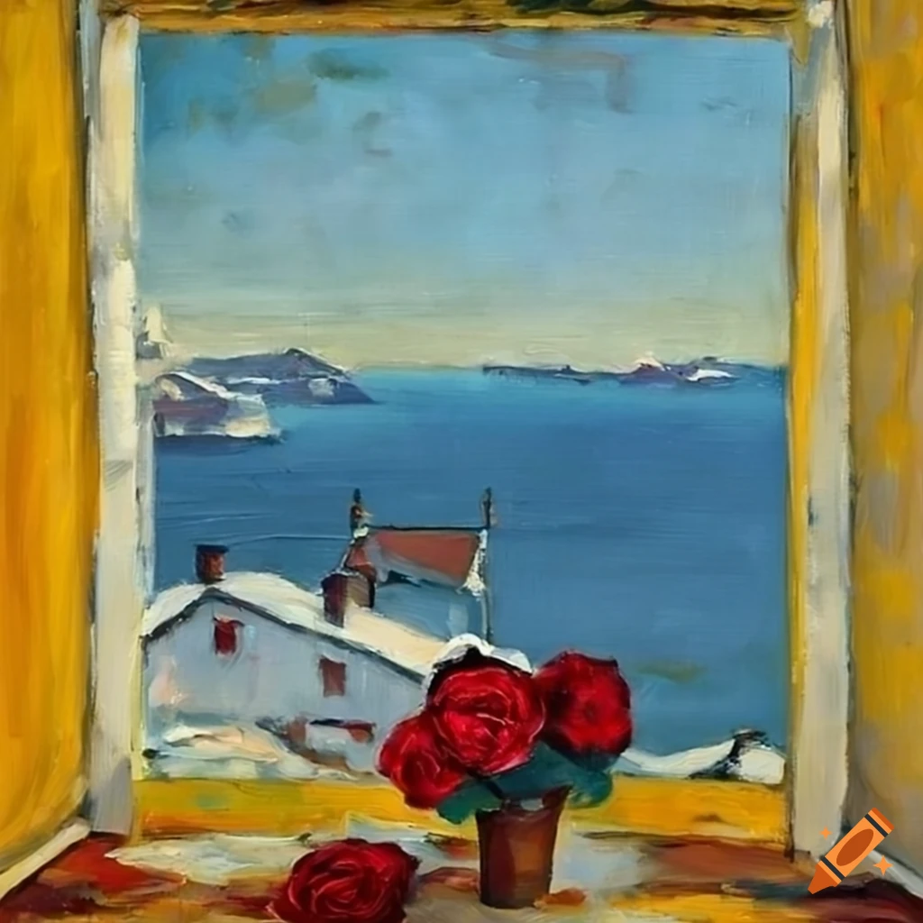 Window view with colorful flowers and rooftops in a norwegian town on ...