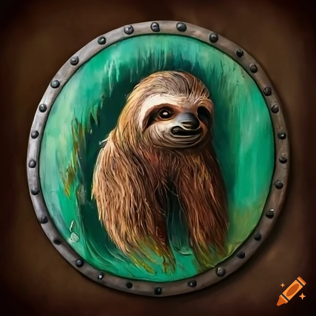 Medieval iron shield with a painted green sloth emblem