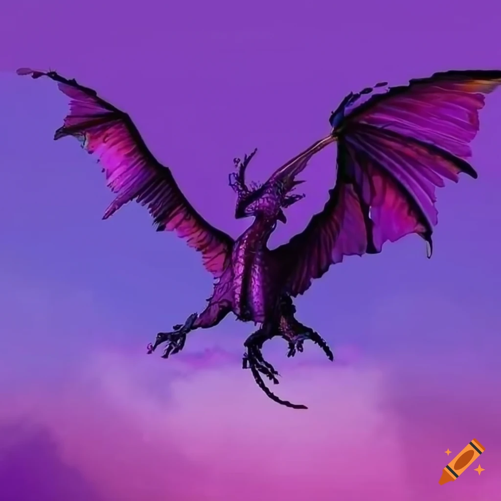 Purple dragon flying in a foggy sky