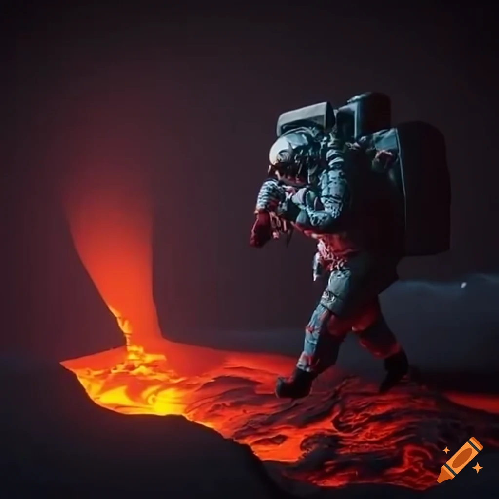 Spacemen attending to an animal in a lava pool on Craiyon