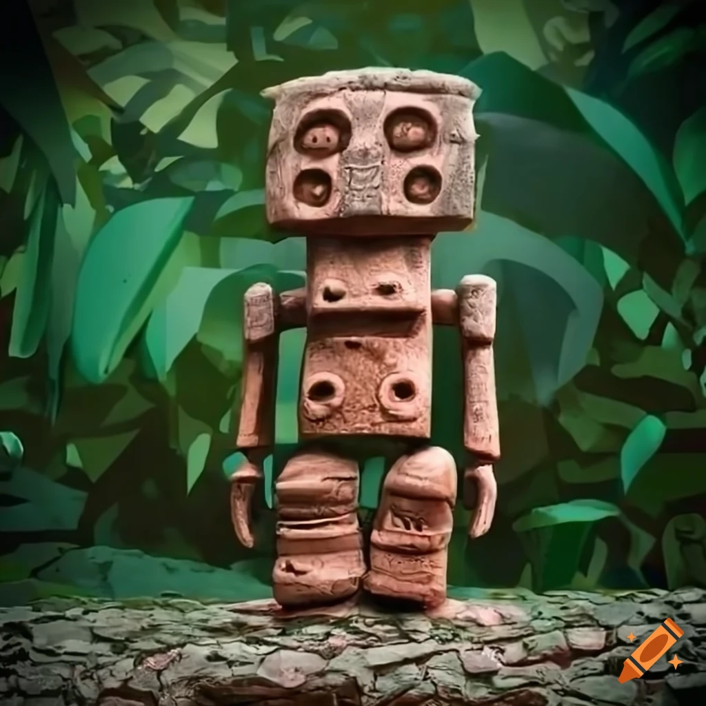 Copper and brass Mayan robot writing on stone on Craiyon