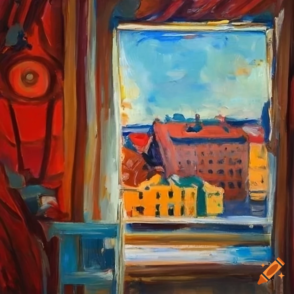 Oil painting of a view through an open window on Craiyon