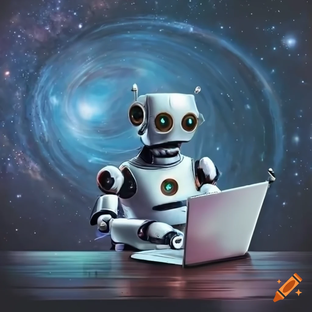Copper robot typing on a laptop with milky way background on Craiyon