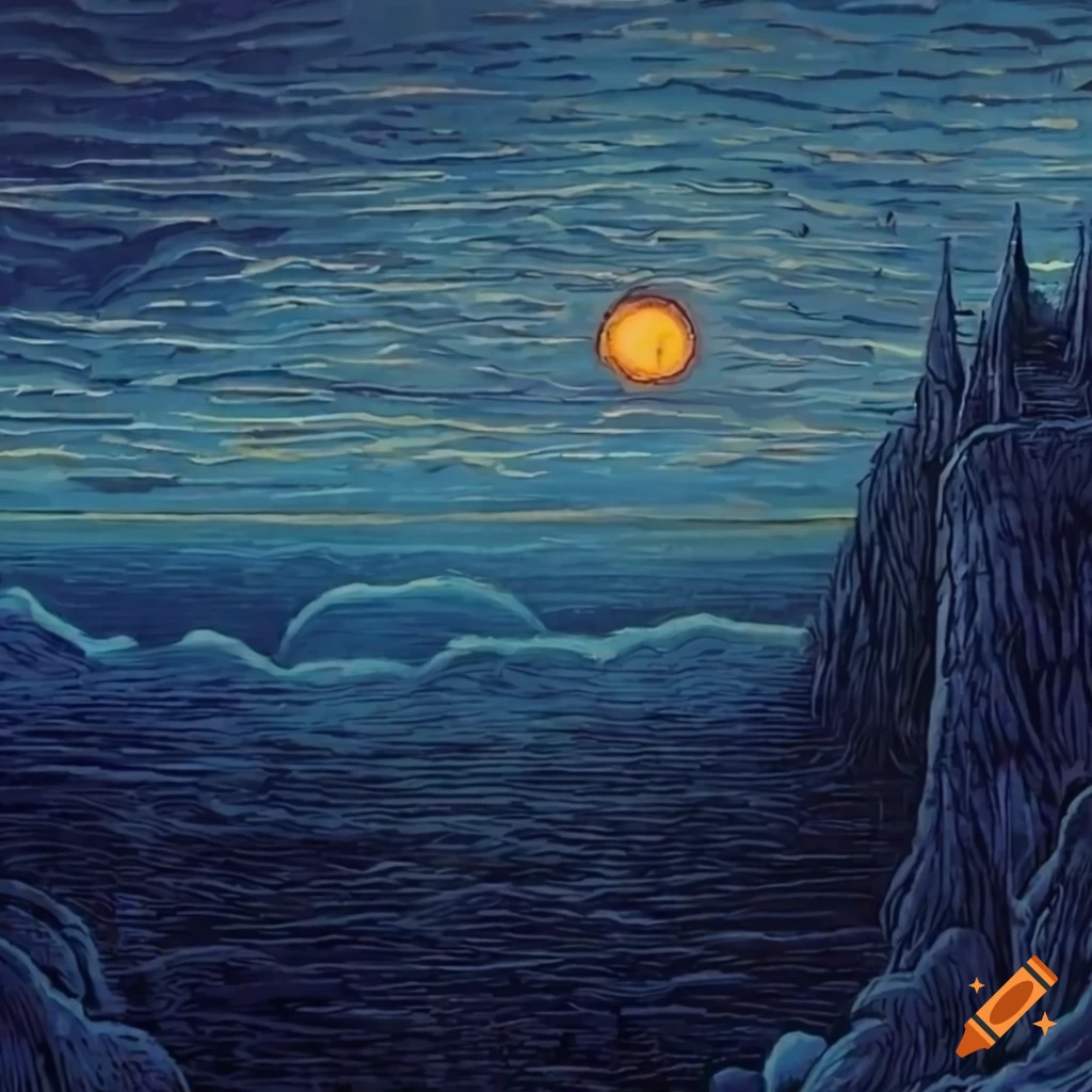 Linocut illustration of a surreal landscape at sunrise on Craiyon