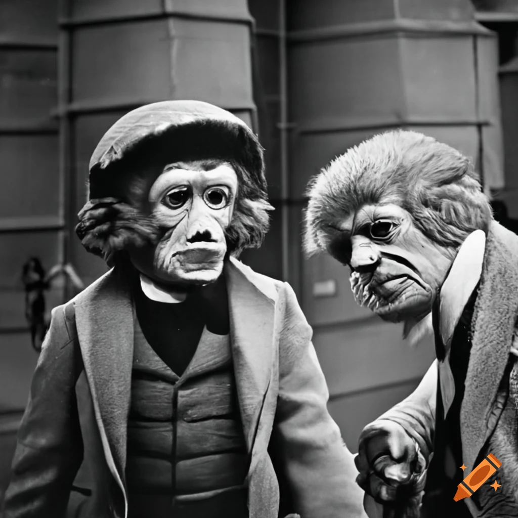 Black and white scene of menacing snow apes in doctor who on Craiyon