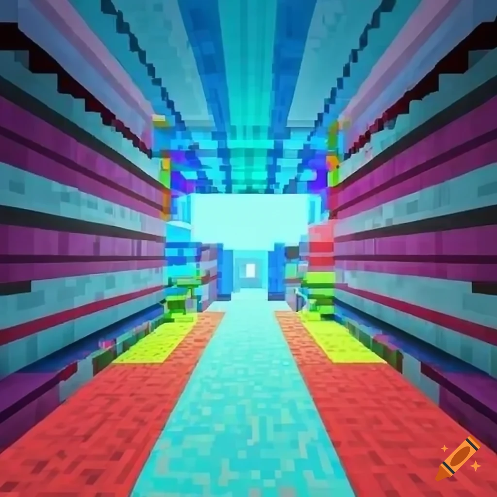 Colorful minecraft-style hallway with a piano on Craiyon