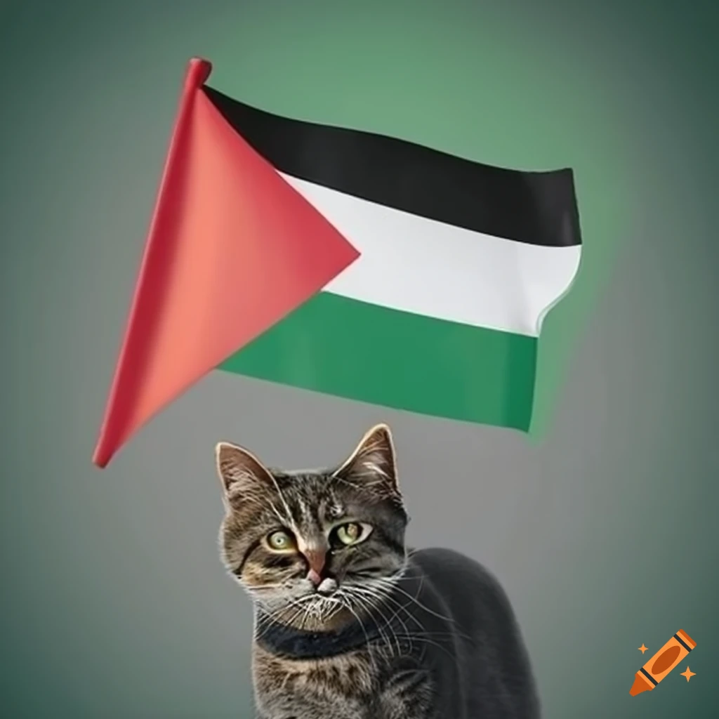 Cat wearing palestinian flag shirt and yellow safety helmet on Craiyon