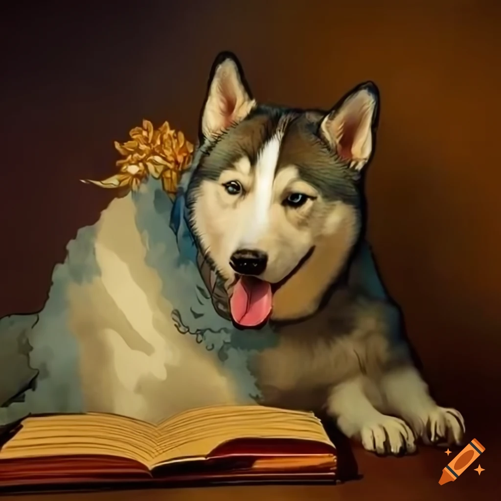 Artistic drawing of a Husky dog with a book on Craiyon