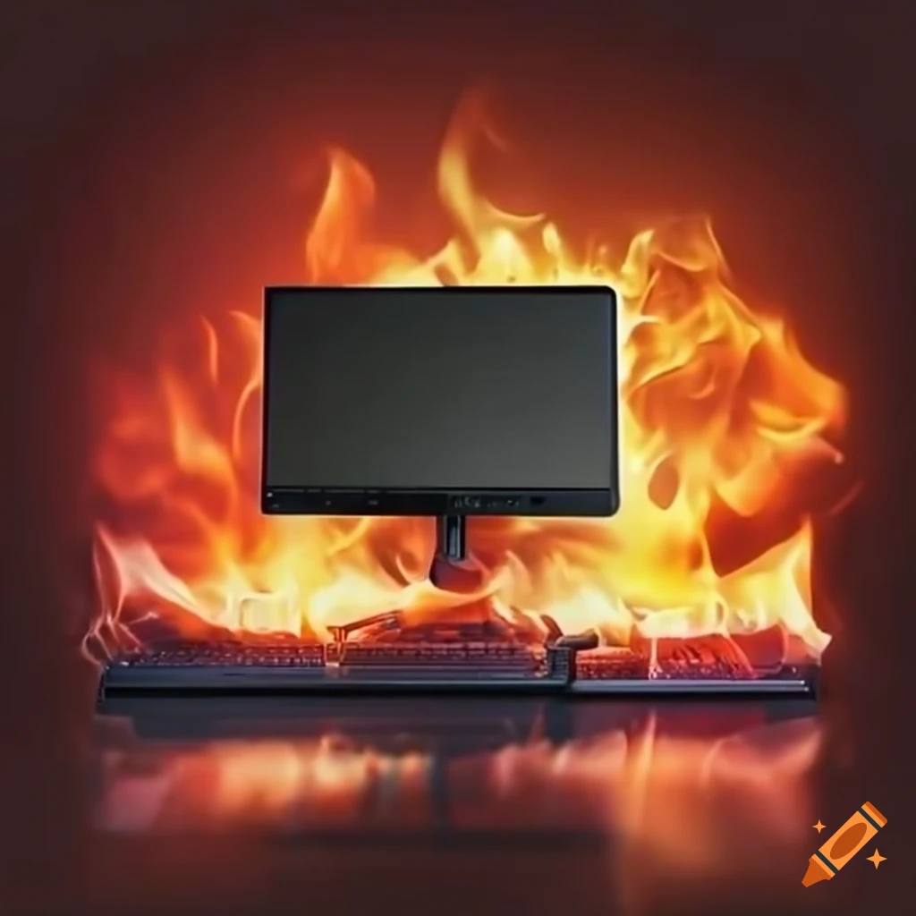 Image of two monitors on fire with a keyboard