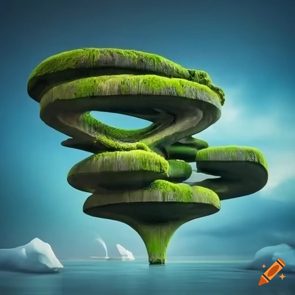 Moss-covered floating stone structure over a fantasy town