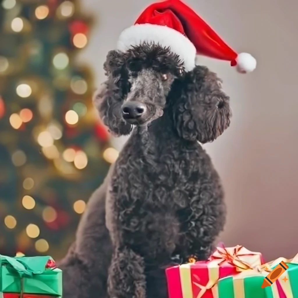 Black standard poodle with christmas hat in front of tree on Craiyon