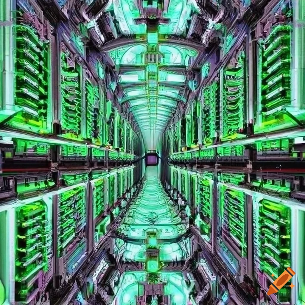 Digital artwork of a symmetrical datacenter with green glowing servers on Craiyon