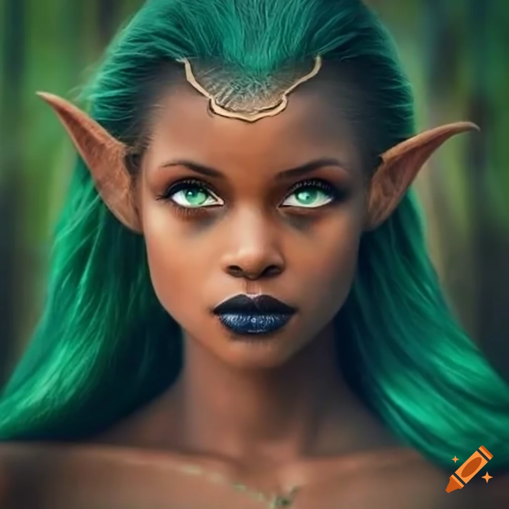 Portrait of a young black woman with elf ears and green hair on Craiyon