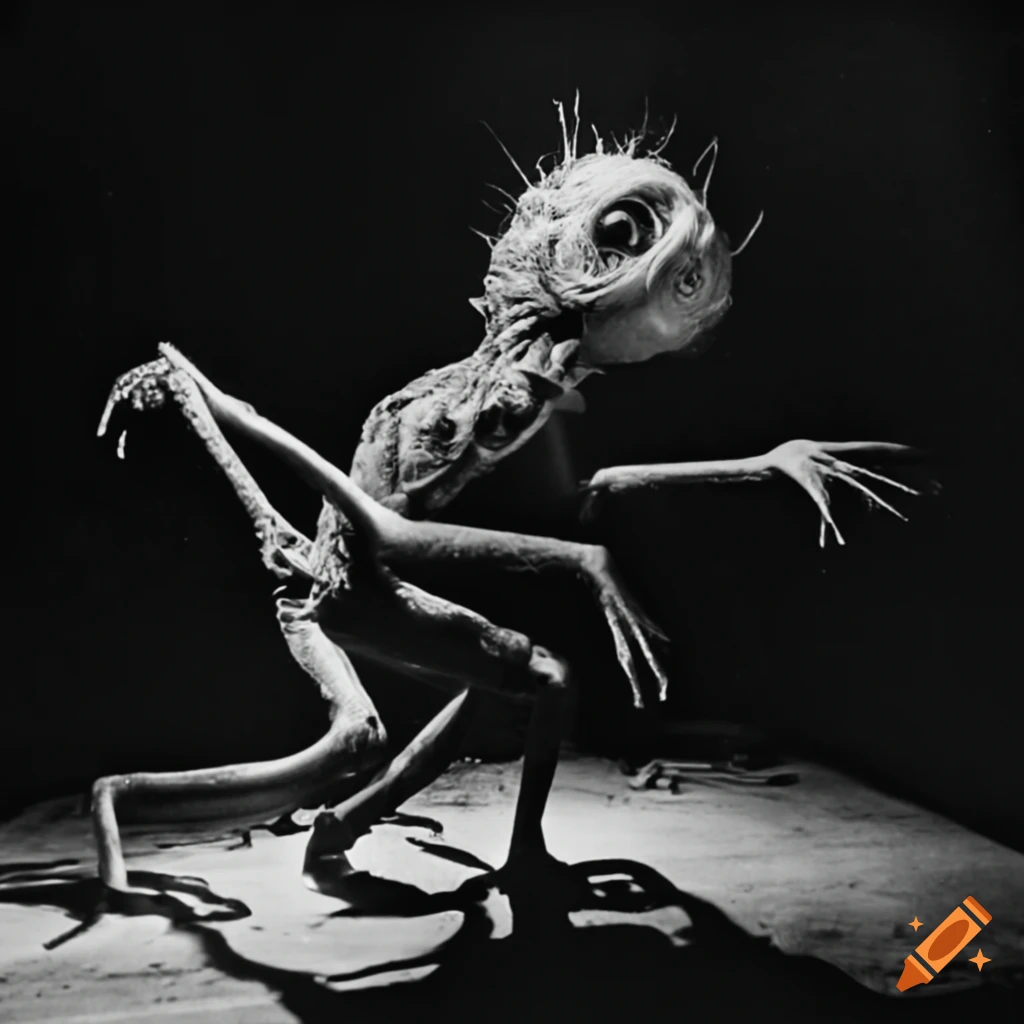 Black and white image of alien creatures standing at a roundtable on ...