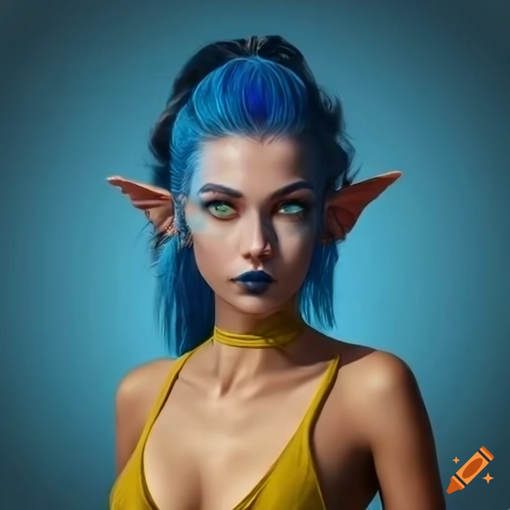 Digital art of a blue-skinned woman in a yellow bikini by the river