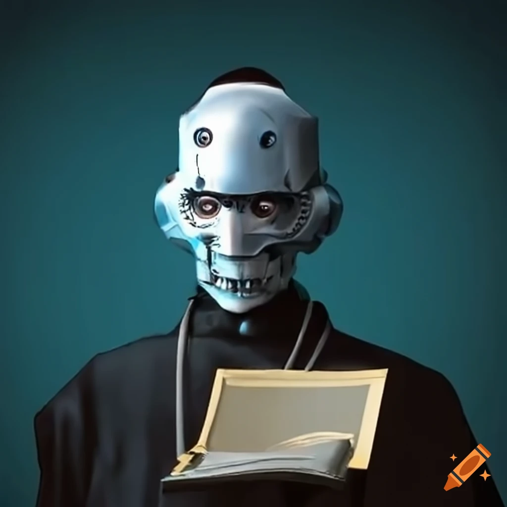 Robot dressed as a priest holding a bible on Craiyon