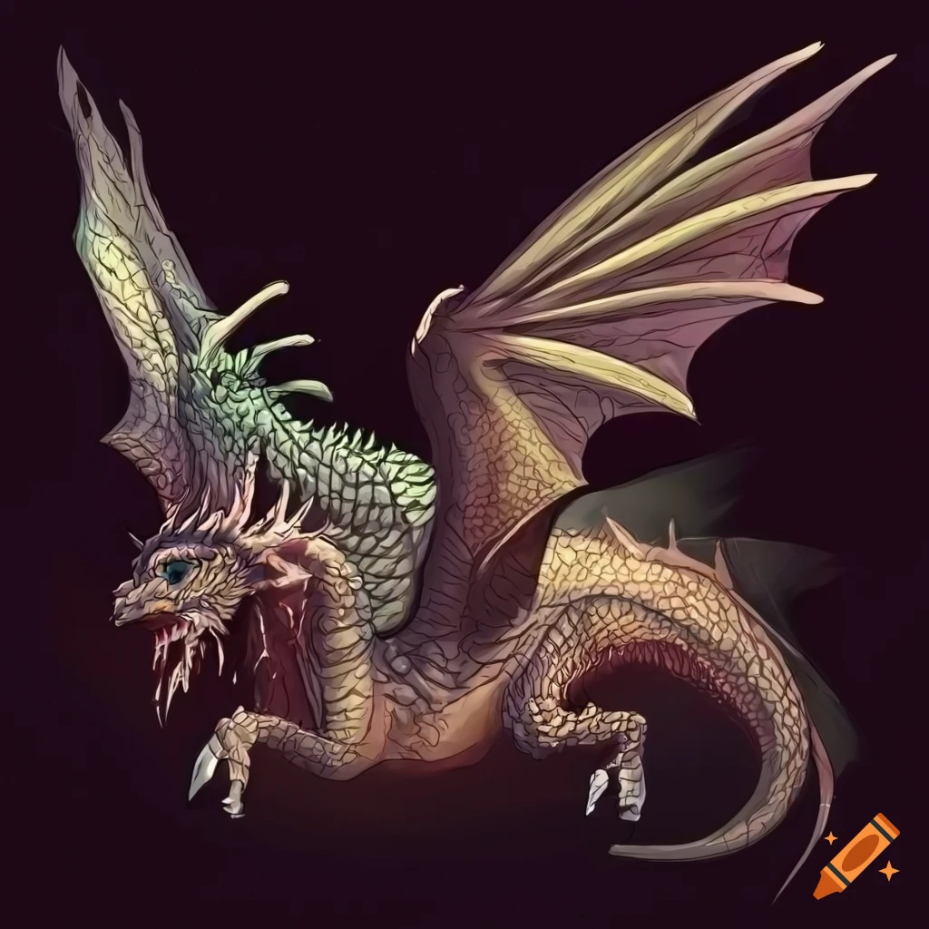 Detailed illustration of a dragon in side view on Craiyon