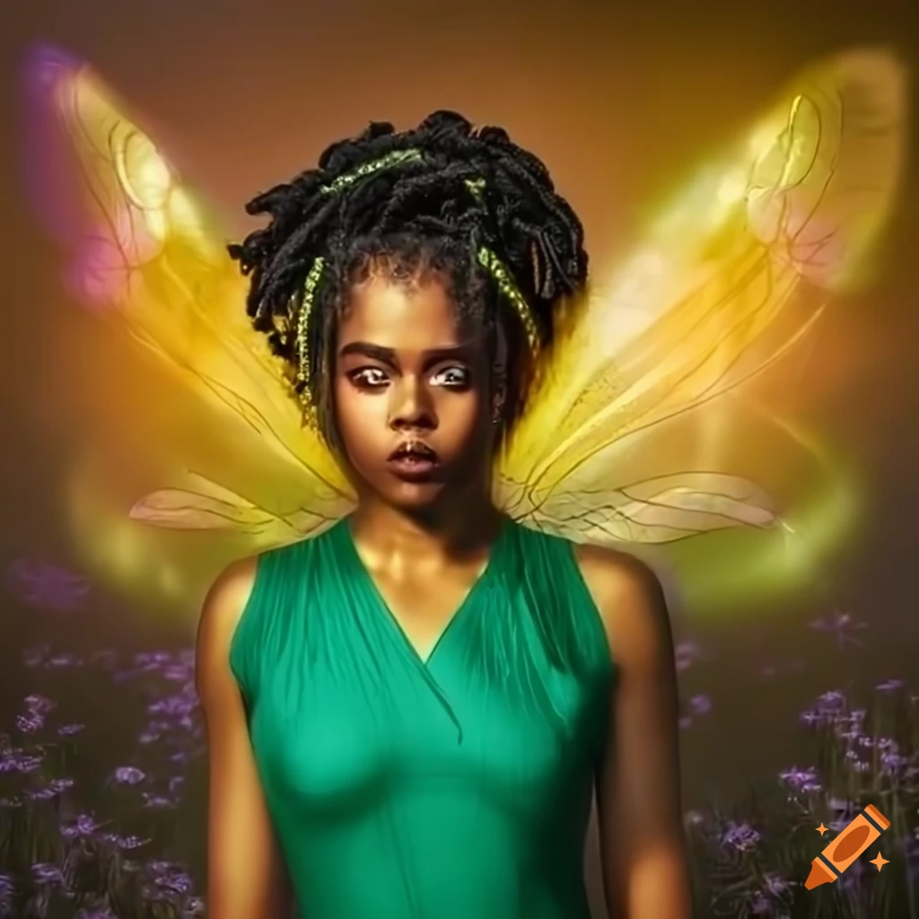 African American fairy with golden wings in a green grass field on Craiyon