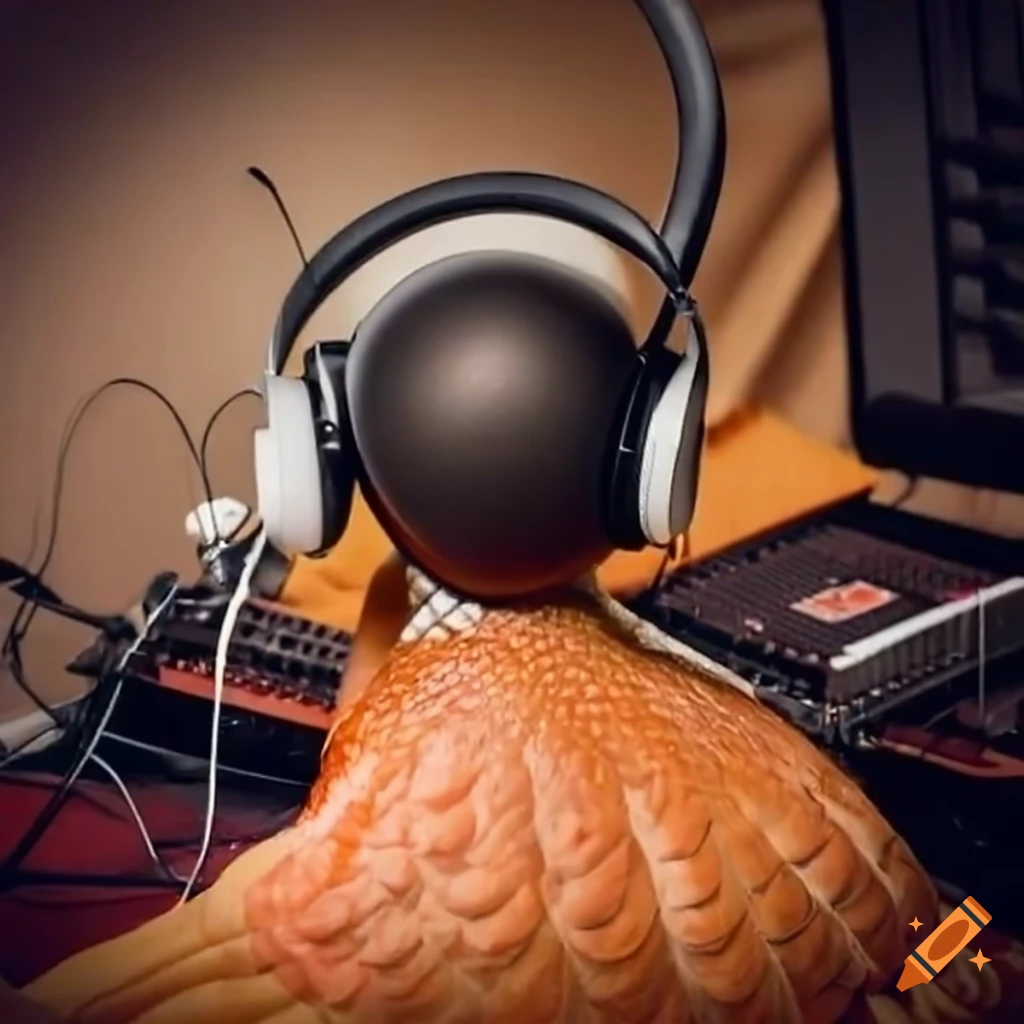 Turkey wearing headphones inside a radio studio on Craiyon