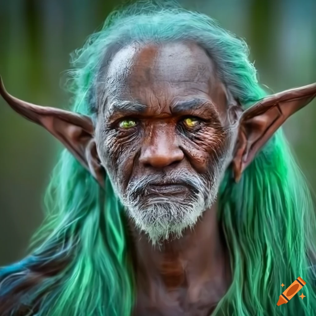 Portrait of an old man with elf ears in front of a swamp on Craiyon