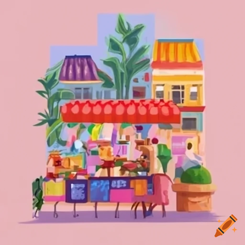 Poster for a vibrant street market with clothes, plants, jewelry, and ...