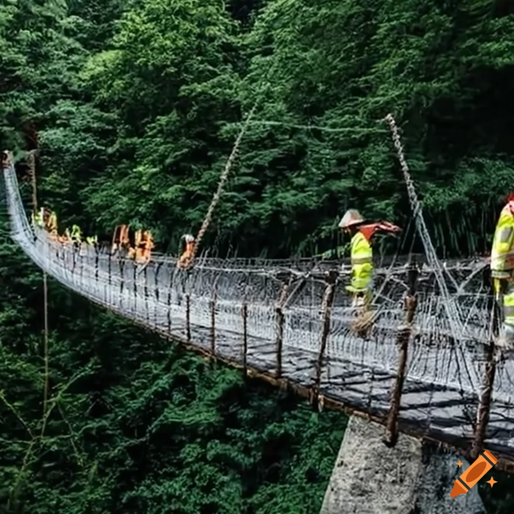 Construction workers crossing a rope bridge