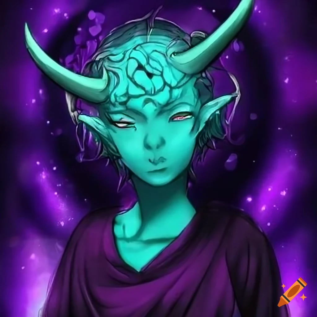 Purple and teal depiction of an oni