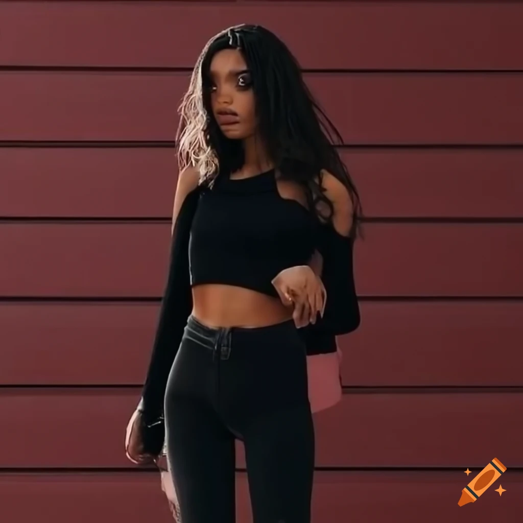 Black-purple skinny jeans and black-white crop top on Craiyon