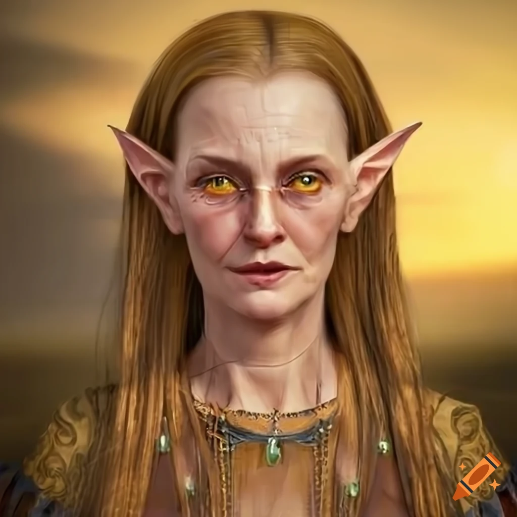 Portrait of a golden-skinned woman with elf ears in a steppe landscape ...