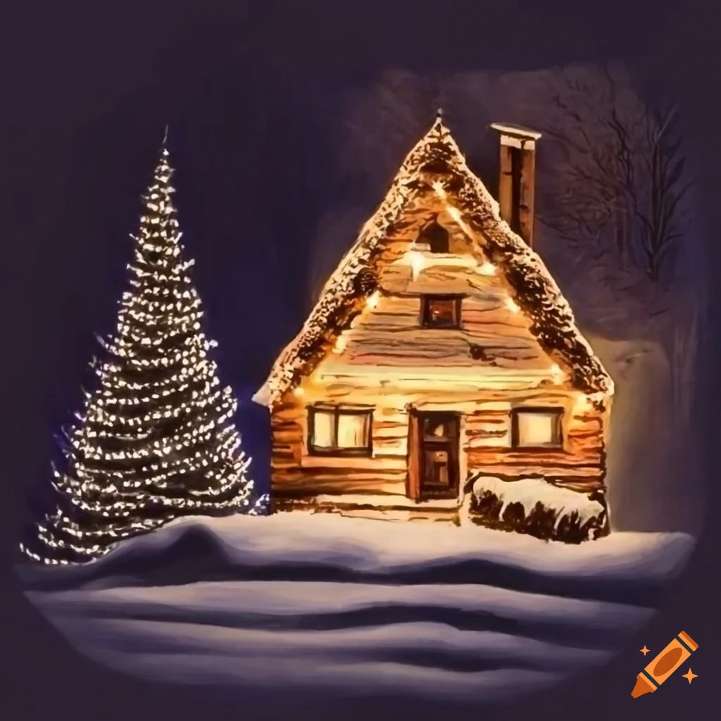 Illustration of a cozy cabin in snowy mountains with Christmas lights ...