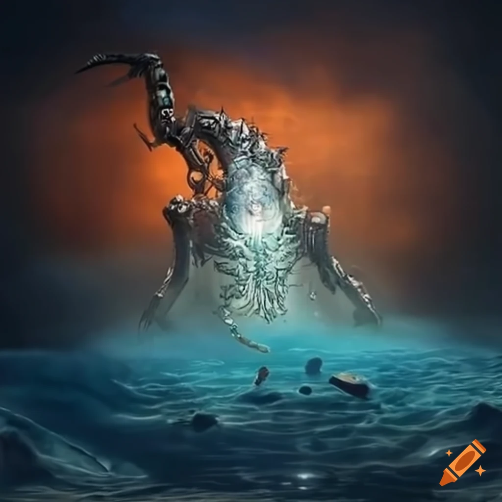 Image of a giant robot shaped like an elder god rising from the ocean ...