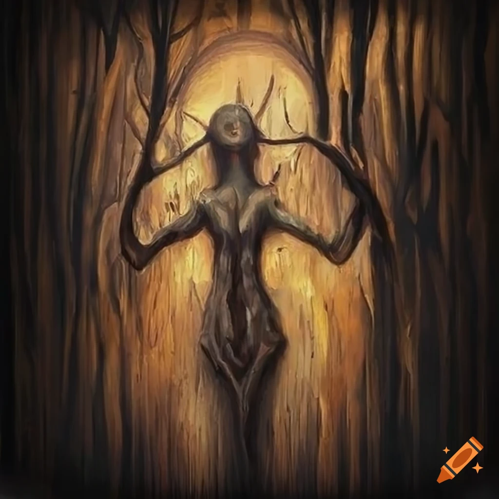 Oil painting of a female tree creature on misty sunset