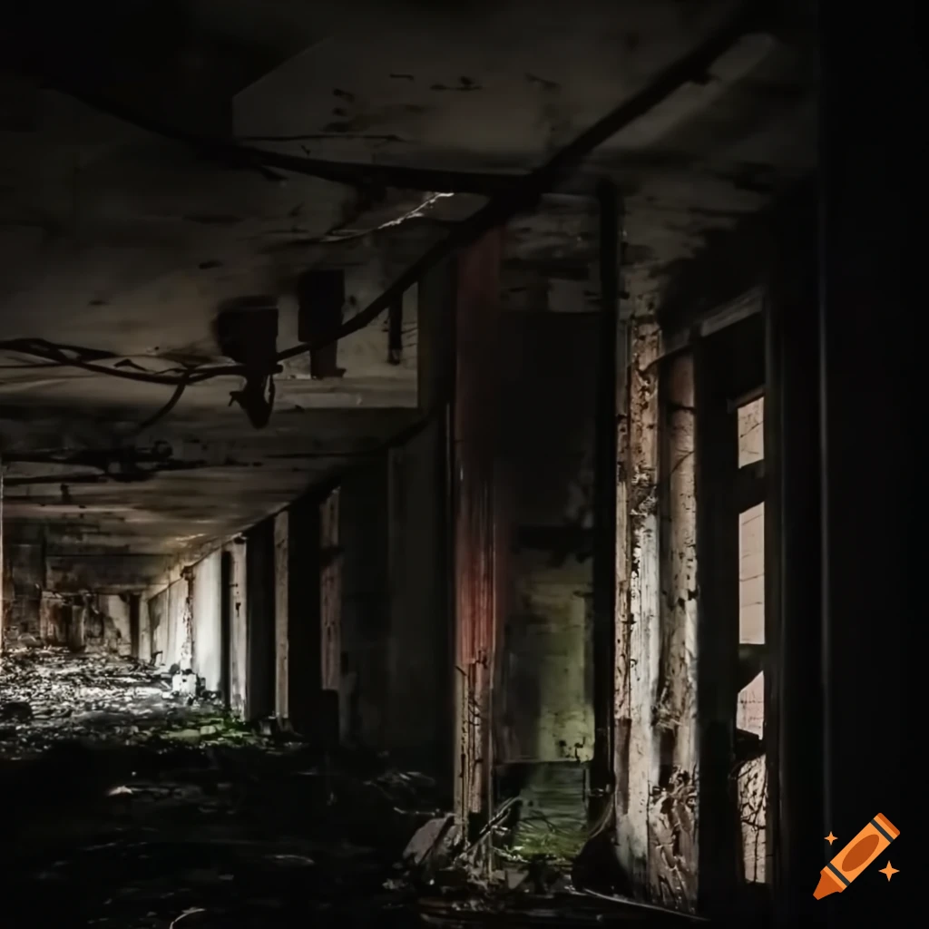 Interior of flooded abandoned industrial complex in pale yellow fog on ...