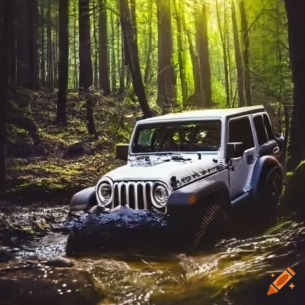 Jeep Wrangler in a muddy forest with sunlight on Craiyon