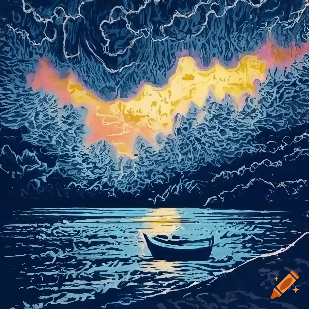 Intricate linocut illustration of stormy clouds and a lone boat on Craiyon